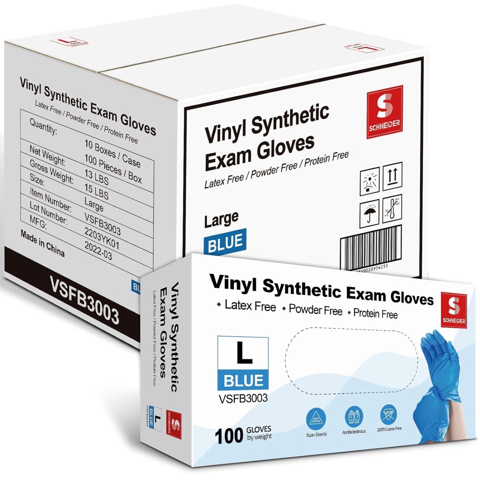 Schneider Blue Vinyl Synthetic Exam Gloves, XL, Case of 1000, 4-mil, Powder-Free, Latex-Free, Non-Sterile, Disposable Gloves