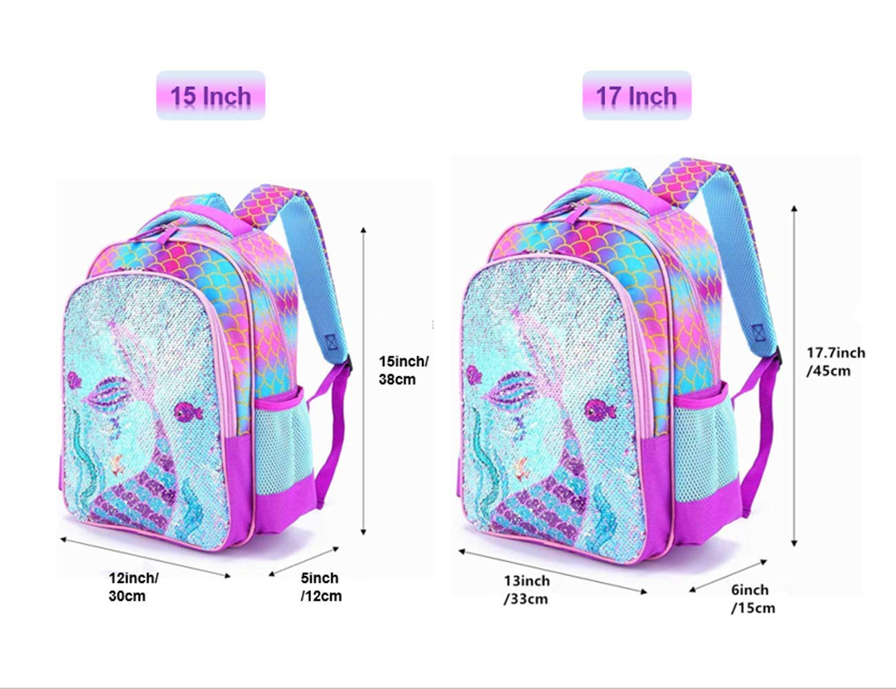 Usnyabni THE Crafts Reversible Sequin School Backpack Lightweight Little Kid Book Bag for Preschool Kindergarten Elementary (17", Mermaid