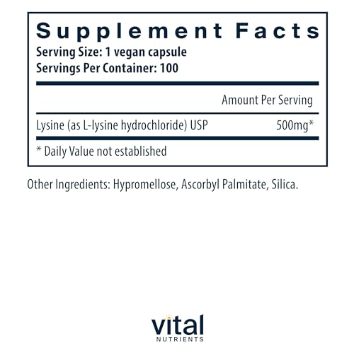 Vital Nutrients - Lysine - Supports Immune Function and Normal Arginine Levels - Supports Calcium Absorption - 100 Vegetarian Capsules per Bottle - 500 mg