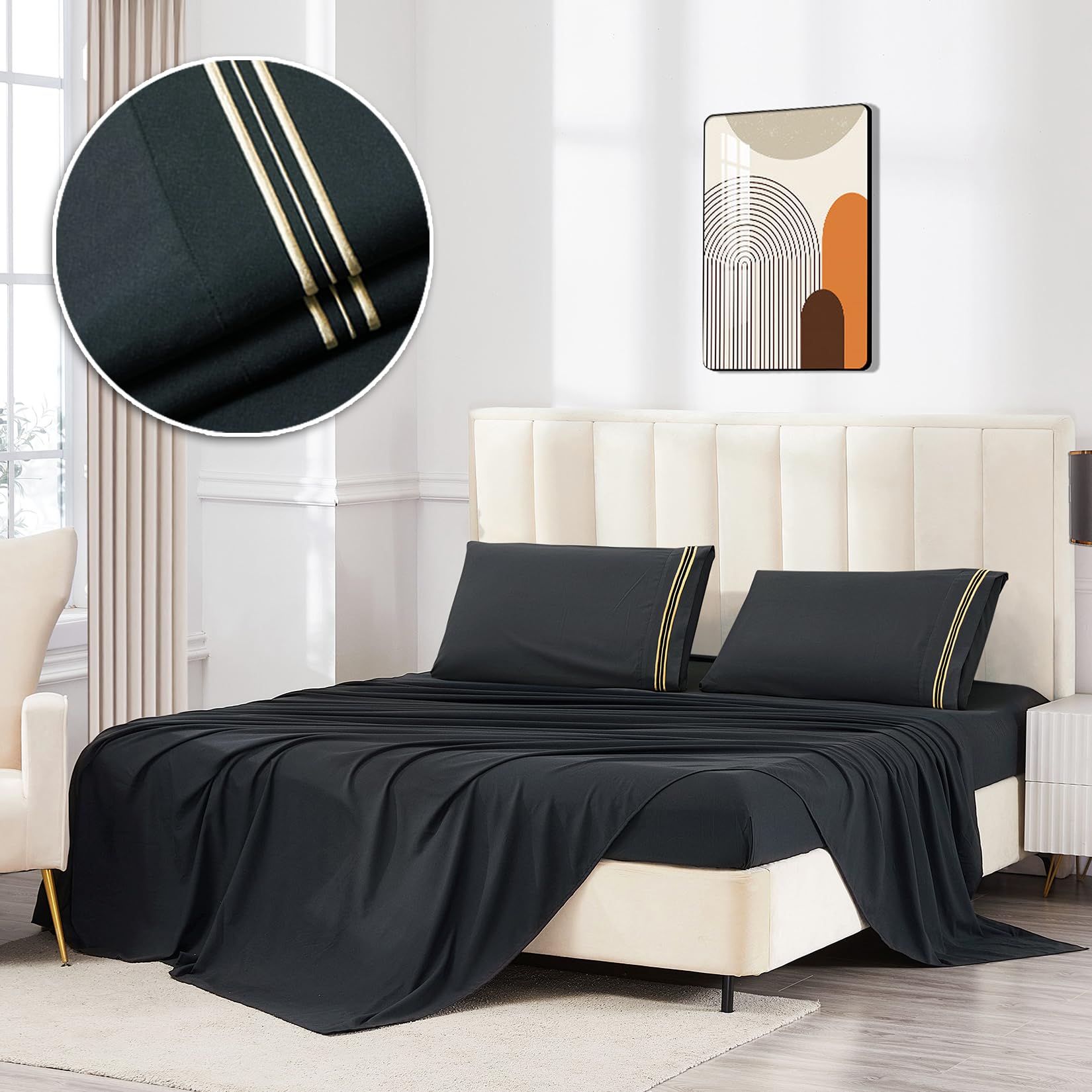 WODFAMY Microfiber Full Size Bed Sheet Set Extra Soft Deep Pockets Luxury Hotel Bed Sheets Breathable & Cooling Wrinkle Free 4 Piece Set Fulls Sheets Black&Gold