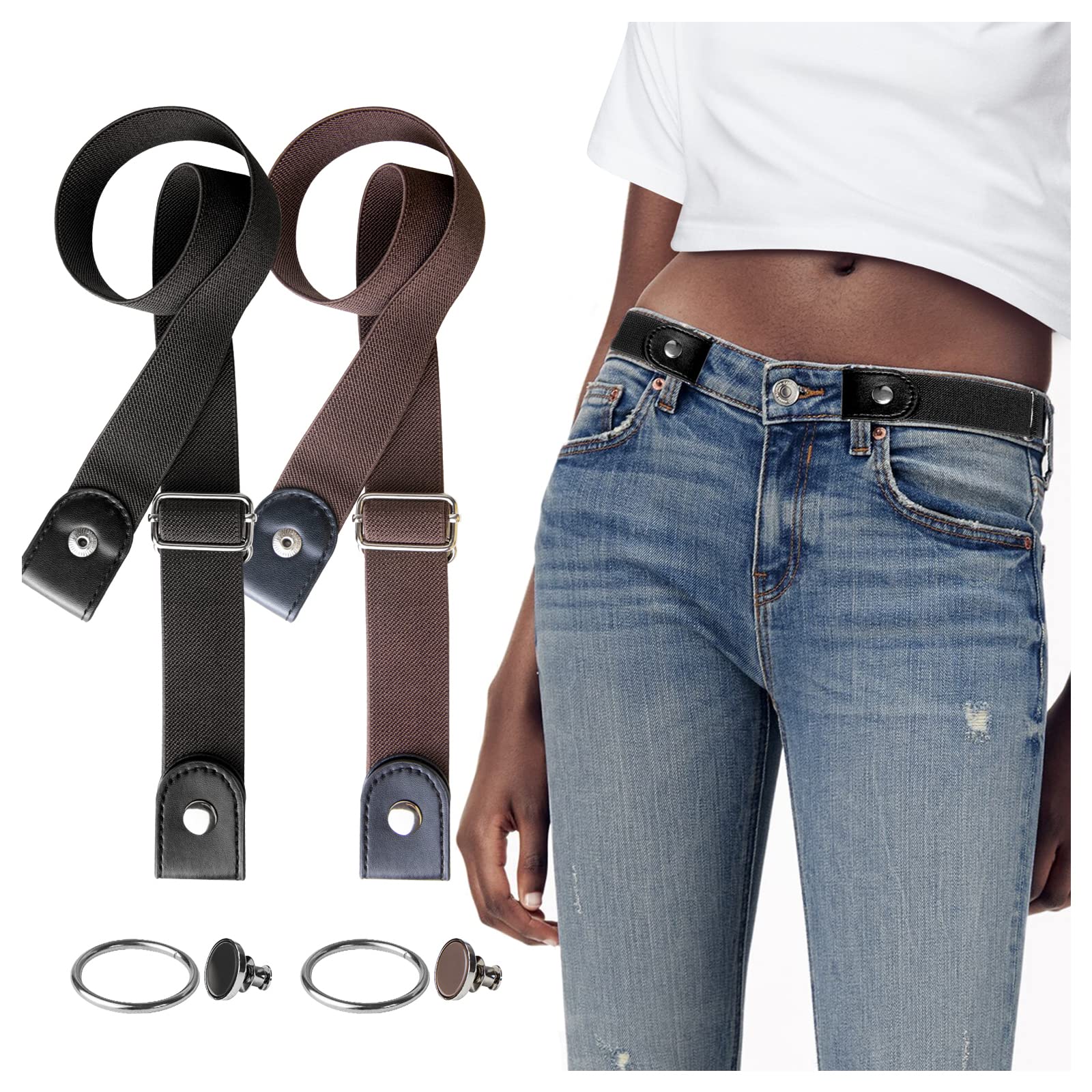 YUNDUOJIA No Buckle Comfortable Elastic Stretch Belts for Womens, Black Elastic Waist Adjustable Invisible Belts for Jeans Pants(2 Sets)