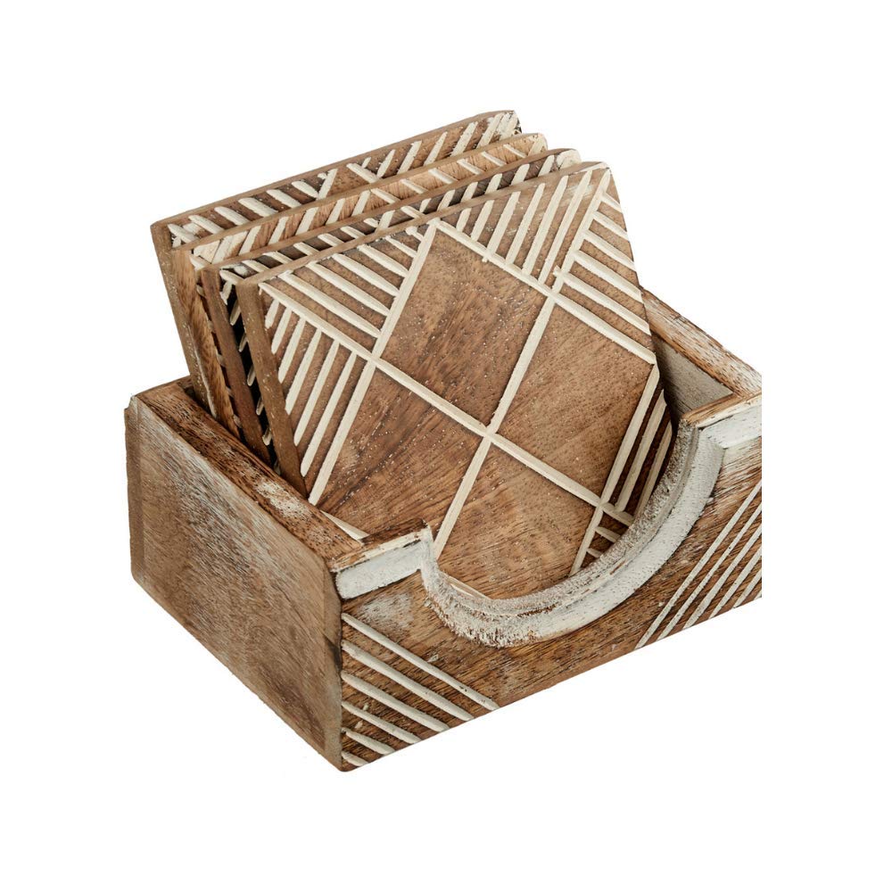White Shabby Chic Drink Coasters Set of 4 | Wooden Coaster Set with Rustic White Tinge Lines | Tabletop Protection, Protect Countertop and Surfaces from Water Marks or Damage | Home & Office