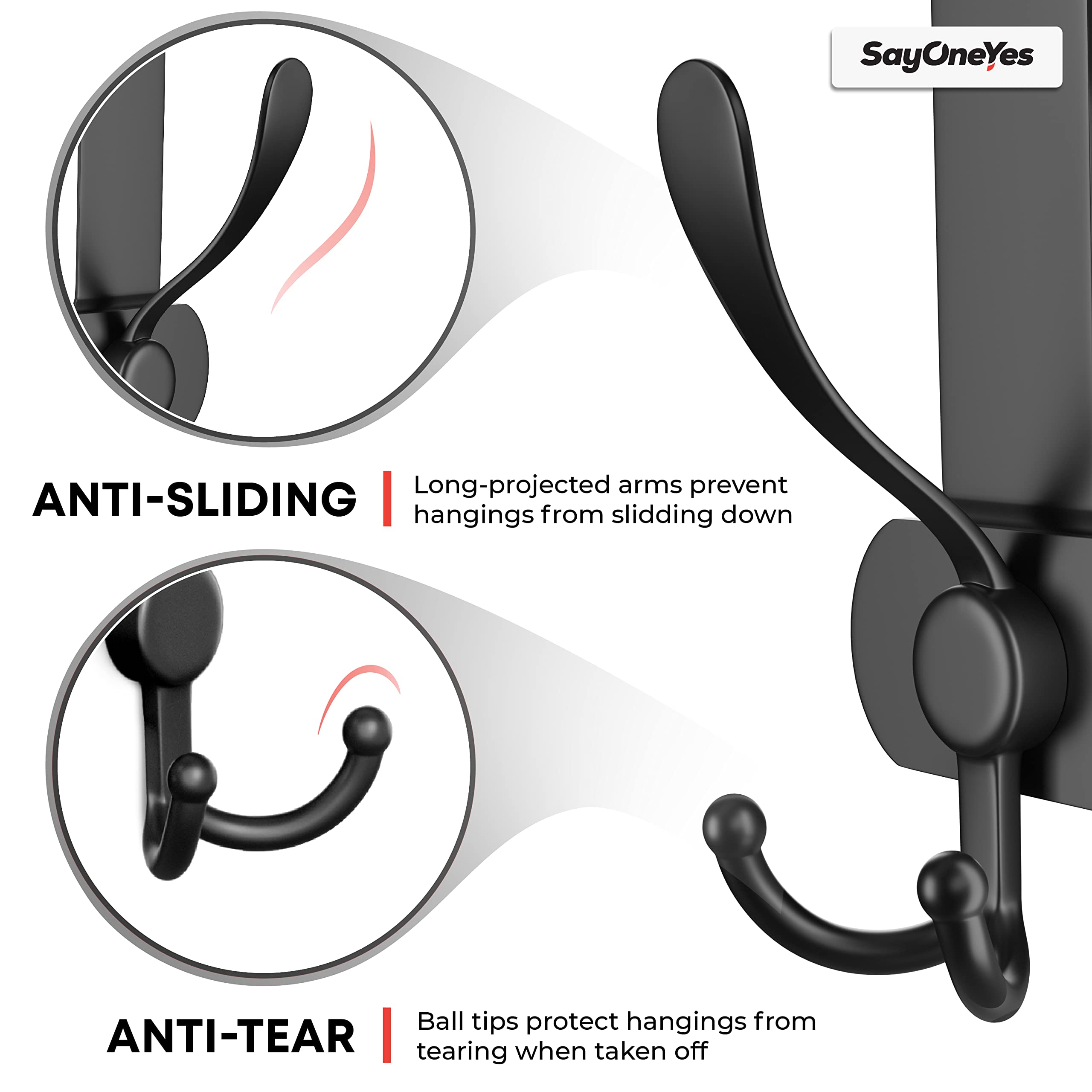 SAYONEYES Matte Black Over The Door Hooks - Heavy Duty Stainless Steel Door Hanger Holder with 5 Tri Hooks for Hanging Coat Robe Hat Bag Towel Rack Bathroom, Bedroom, Closet β 1 Pack