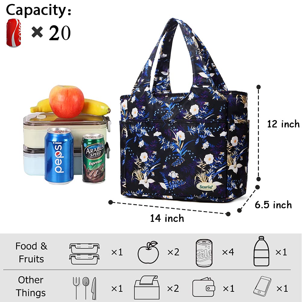 Scorlia Insulated Lunch Shoulder bag, Extra Large Lunch Tote Handbag, Durable Reusable Cooler Ladies lunch Box Bag with Side pockets, Tall Drinks Holder for Women Men Work, Blue flower