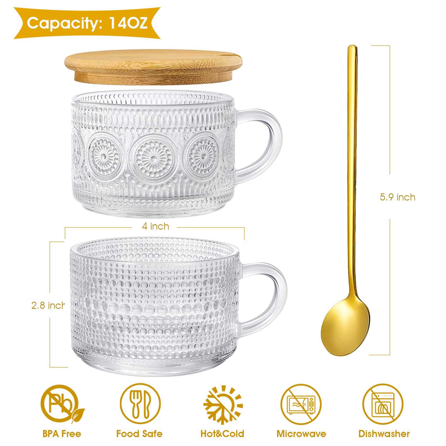 TIMIFTE Vintage Coffee Mugs Set of 4 Embossed Tea Cups, Overnight Oats Containers with Bamboo Lids and Spoons, 14oz Glass Coffee Cups for Cappuccino, Latte, Cereal, Yogurt, Beverage, Clear