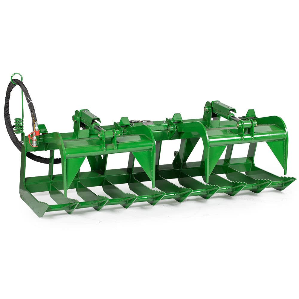 Titan Attachments 84in Global Euro Root Grapple Bucket Attachment Fits John Deere Tractors, Dual 3,000 PSI Hydraulic Cylinder, Green Finish, Serrated Leading Edge Bottom Teeth