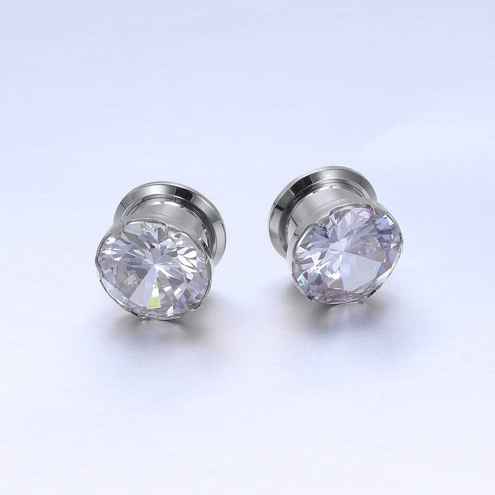 ZS Gorgeous Cubic Zirconia Tunnels Plugs 316L Stainless Steel Screw Tunnels Ear Expander Stretcher Piercing Ear Gauges Black Tunnel Gauges (Silver, 0g(8mm))