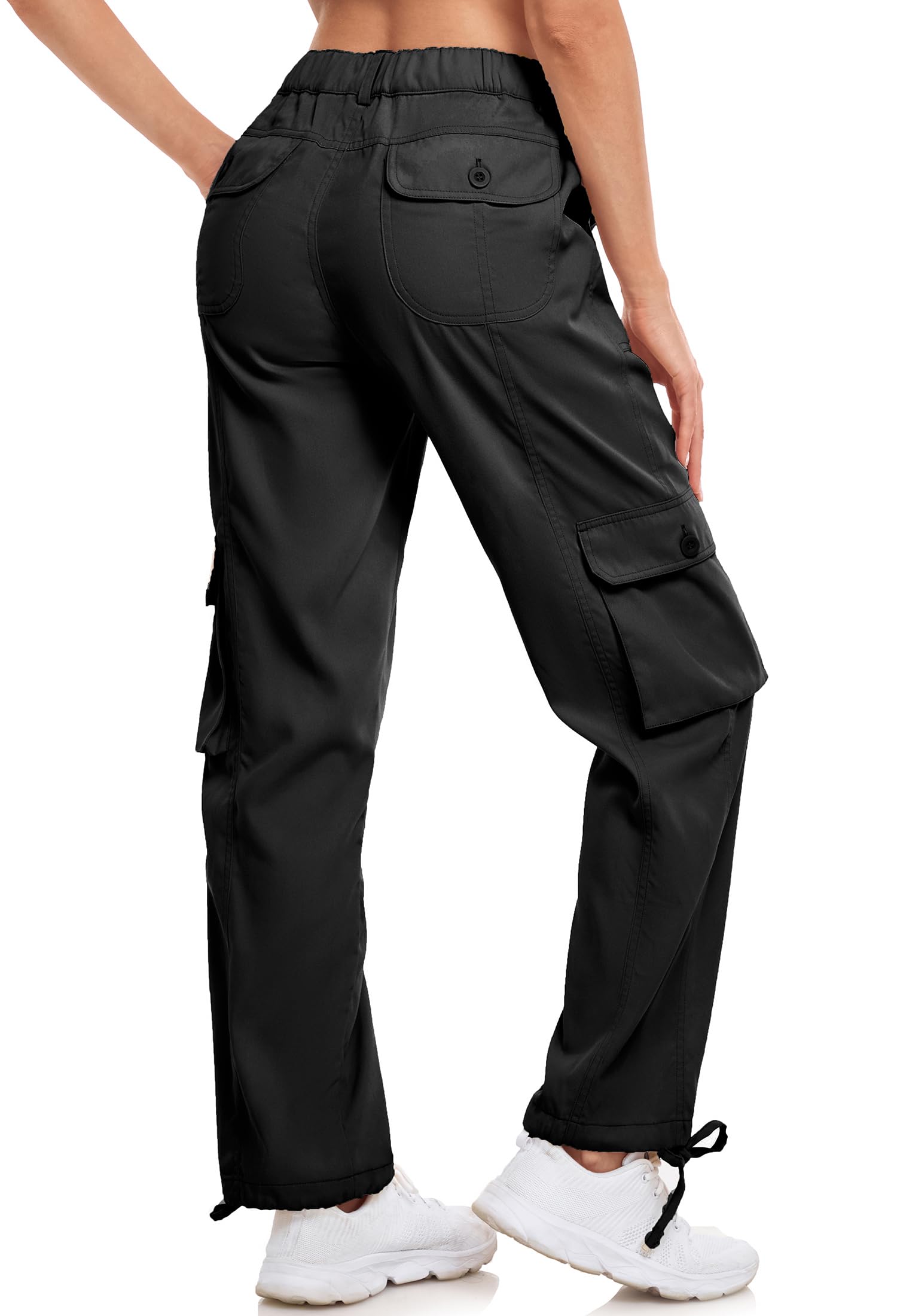 VEOBIKE Women’s Cargo Work Pants Elastic Waist Straight Leg Baggy Casual Hiking Pants Cotton Military Pants 7 Pockets Black