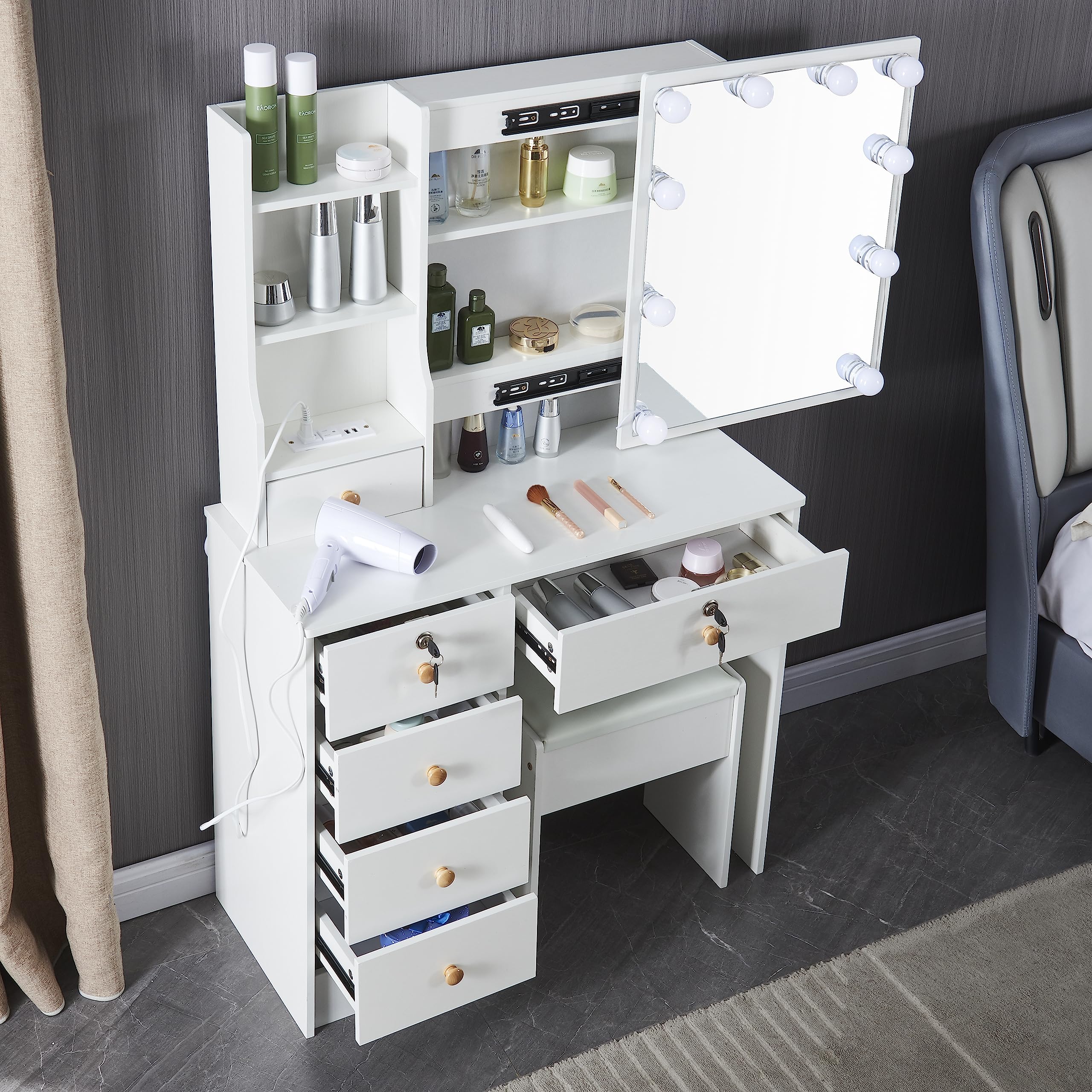 White Makeup Vanity Desk with 10 Light Bulbs, Vanity Desk with Mirror and 3 Lighting Modes, 6 Drawers and Shelves for Bedroom, Dressing Room