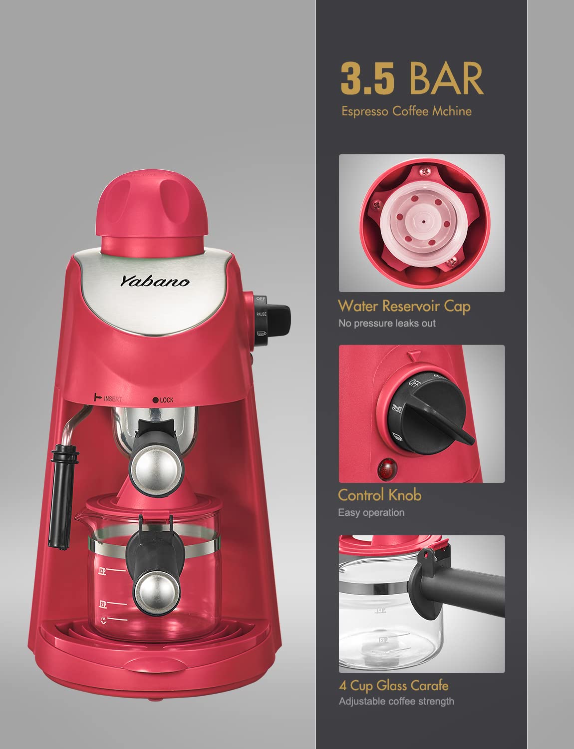 Yabano Espresso Machine, 3.5Bar Espresso Coffee Maker, Espresso and Cappuccino Machine with Milk Frother, Espresso Maker with Steamer (Red)