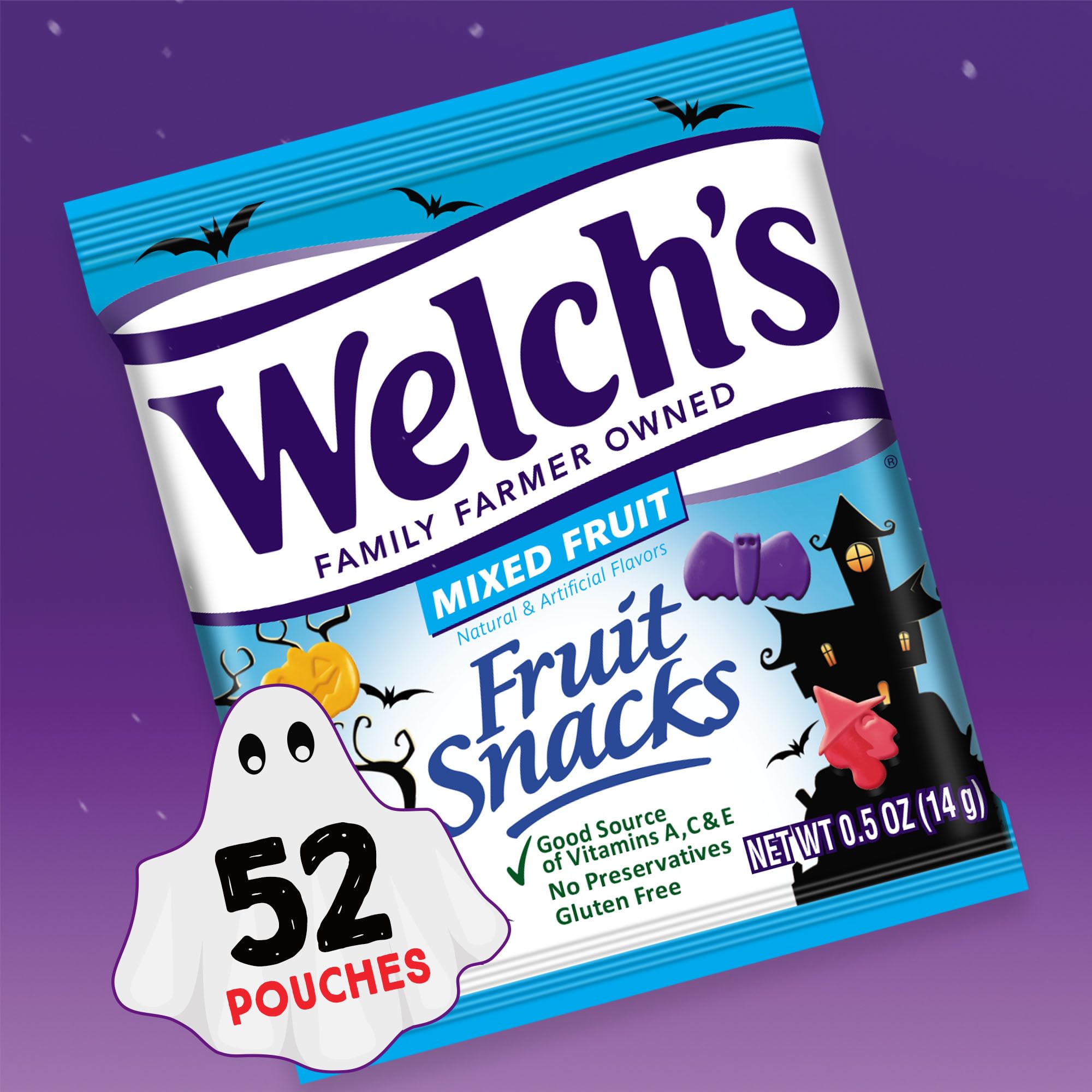 Welch's Fruit Snacks Halloween Shaped Mixed Fruit, Halloween Candy Bulk Pack, Gluten Free, 0.5 oz (Pack of 52)