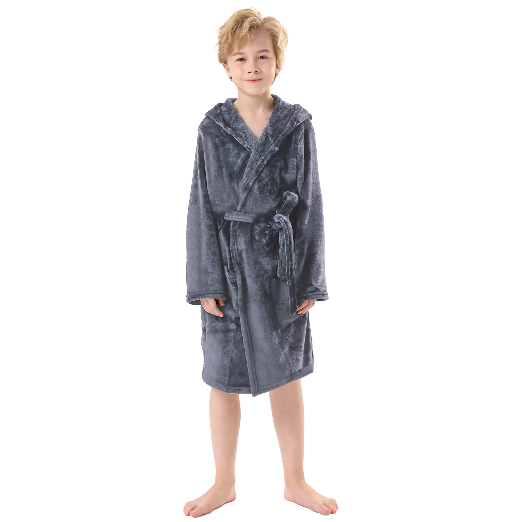 V.&GRIN Boys Fleece Robe, Hooded Toddler Soft Fuzzy Bathrobe for Kids 3-14 Years(Gray 9-10)