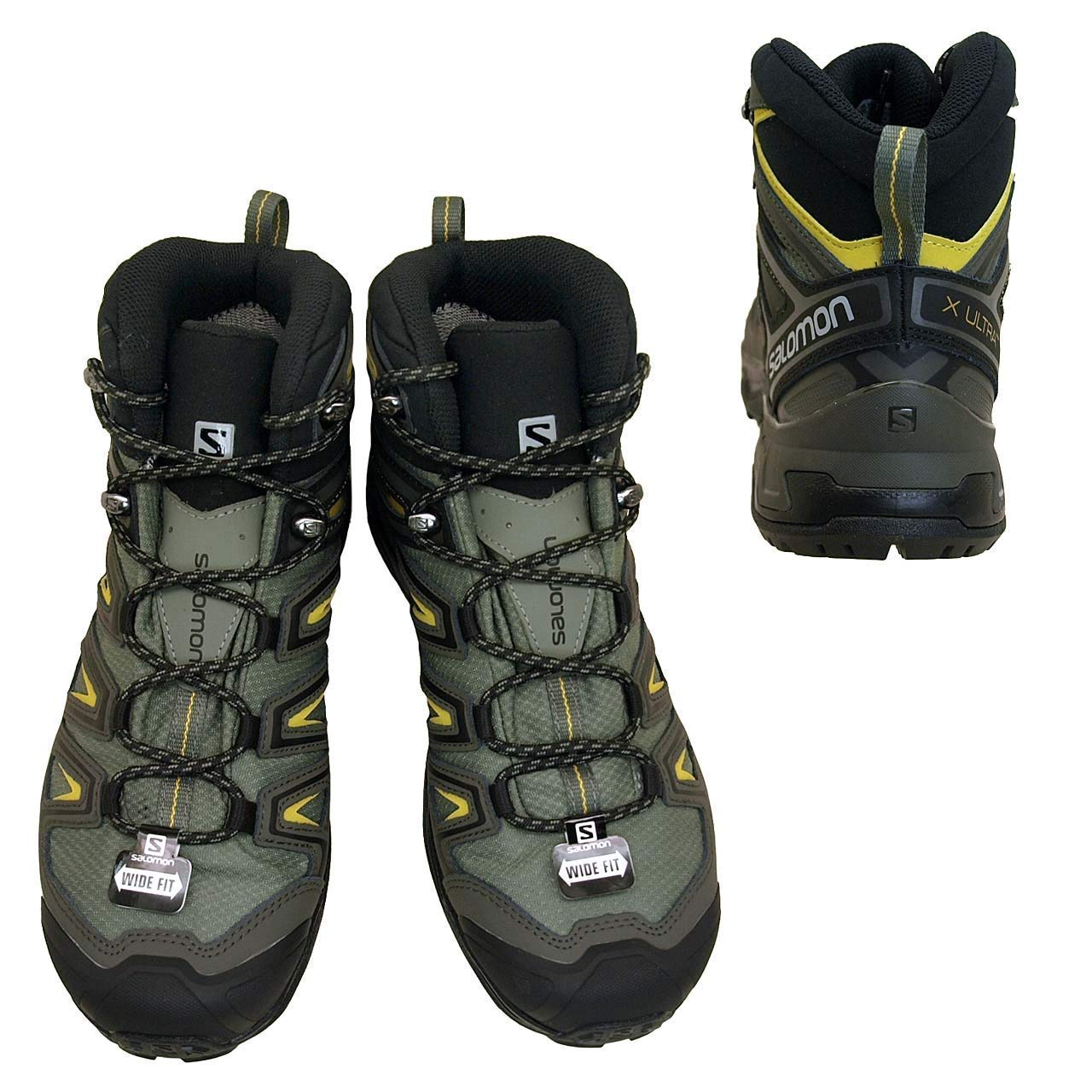 Salomon X Ultra 3 MID Gore-TEX Hiking Boots for Men, Castor Gray/Black/Green Sulphur, 11.5