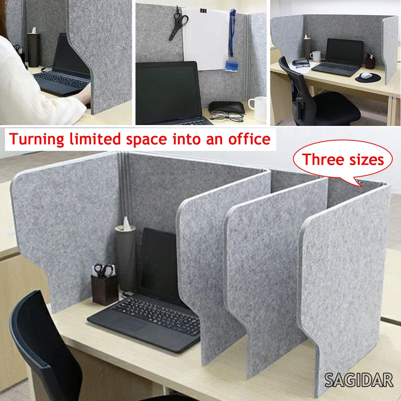 SAGIDAR Office Divider Partition, Desk Barrier Sneeze Guard, 60/80/100cmx50cmx50cm, Tabletop Divider Sound Absorbing, Folding Portable, 3-Panel Partition Polyester Fiber