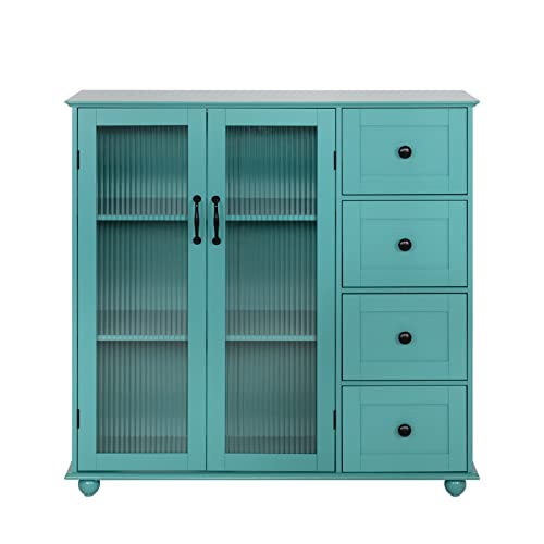 Scurrty 36'' Coffee Bar Cabinet Buffet Sideboard Table with Storage, Glass Display Cabinet, 4 Drawers & 2 Doors Kitchen Cupboard, Storage Organizer for Dining Room, Living Room, Entryway, etc (Green)