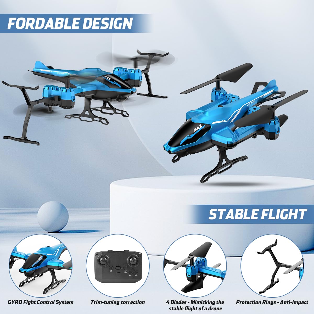 VATOS RC Helicopter 2.4G, All in 1 Remote Control Helicopter Super Function 360° Flip, Obstacle Avoidance, Altitude Hold, One Key take Off/Landing, RC Plane Toy Gifts for Kids Adults