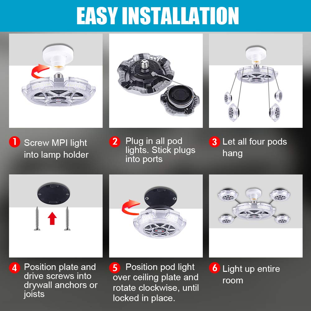 Tesecu High Bay Light 12000LM 120W 6500K Daylight Garage Ceiling Light Fixtures, 1 Main+4 Split, E26 Socket LED Warehouse Lights Commercial Shop Workshop Garage Factory Lowbay Area Lighting Fixture