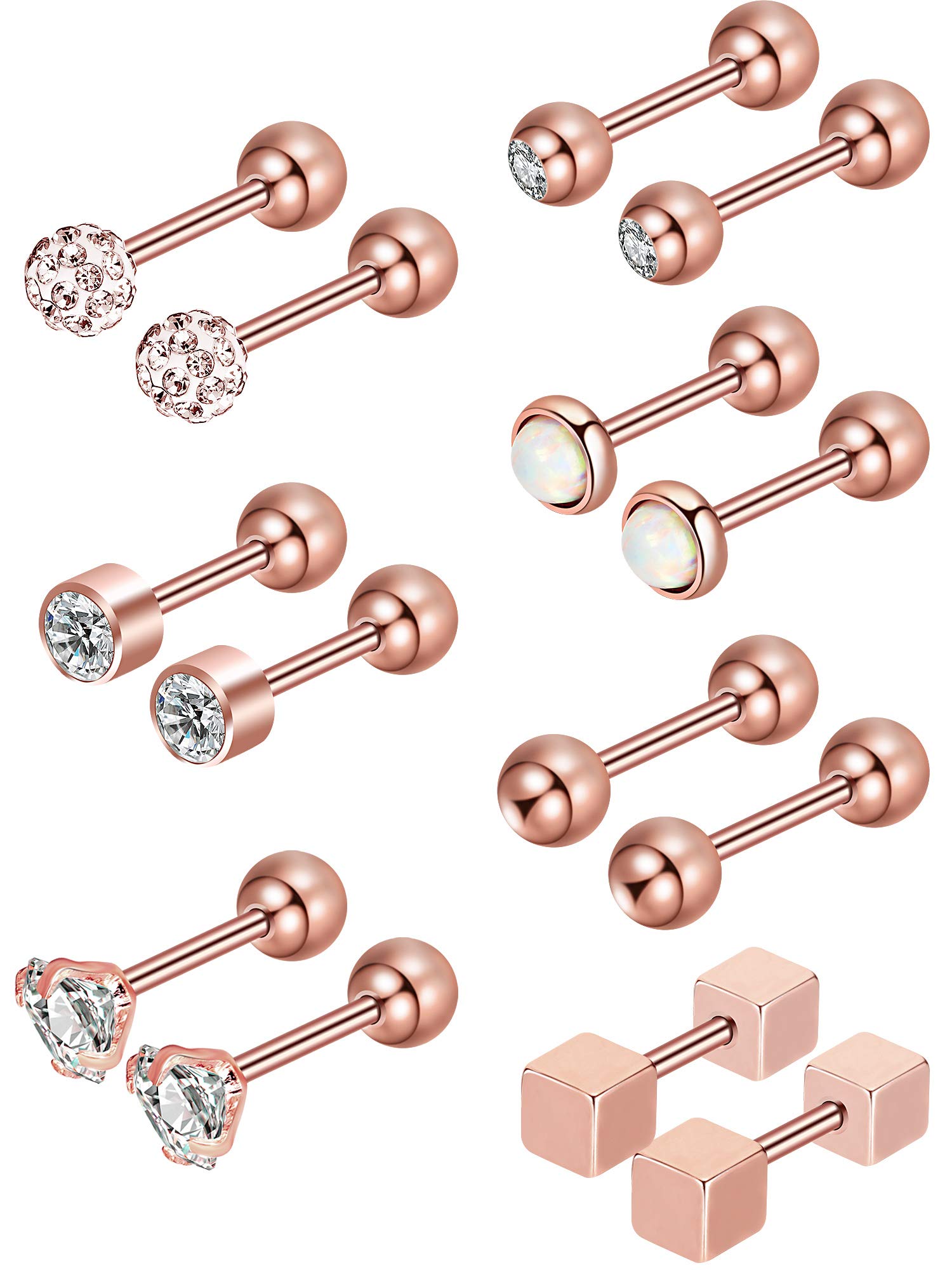Round Ball Stud Stainless Steel Barbell Earring Set Cartilage Helix Earring Piercings for Tragus Cartilage Ear (Rose Gold 1)