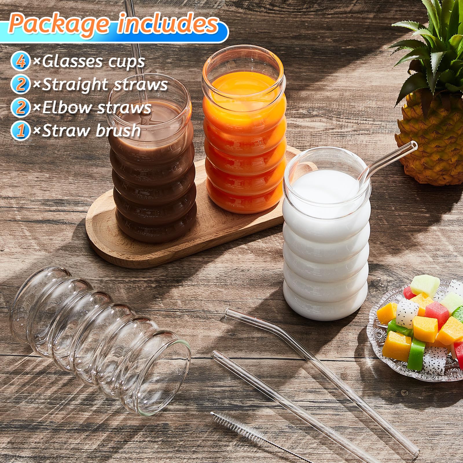 Tessco 4 Pcs Creative Glass Cups Vintage Drinking Glasses Ribbed Glassware Aesthetic Cups Entertainment Dinnerware Glassware with Straws Set for Kitchen Coffee Juice Beverage (Clear,16 oz)