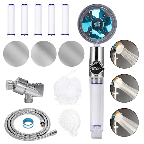 TESECU Turbo Shower Head, Modern Style, 5 Settings, 6 L/min Flow, 360 Rotation, Tool-Free Installation, ABS Material, Stainless Steel Panel, 79" Shower Hose, Bath Ball, Shampoo Comb