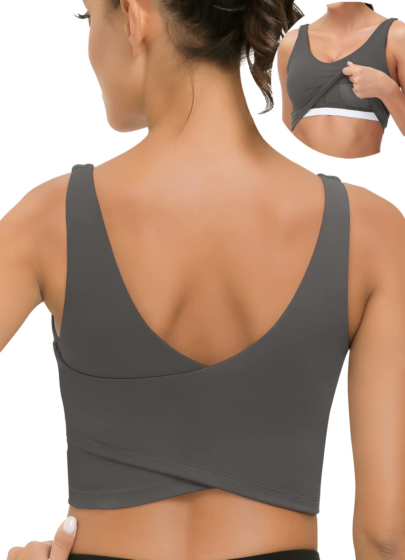 V Neck Built in Bra Longline Sports Bras for Women Padded Medium Support Workout Crop Tops for Running Yoga