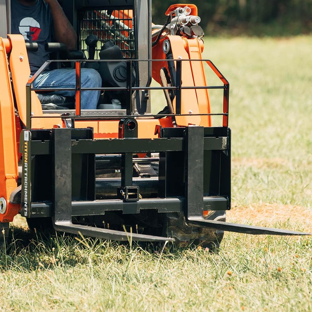 Titan Attachments HD Skid Steer Pallet Fork Attachment, 42" Fork Blades, Rate 5,500 LB, Quick Tach Tractor Loader