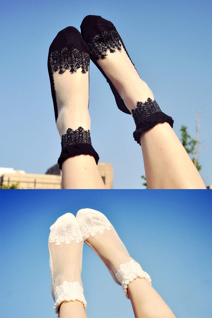 Women 6 Pairs Sheer Elastic Socks Soft Summer Transparent Lace Crystal Silky Hosiery Stockings (6pairs)