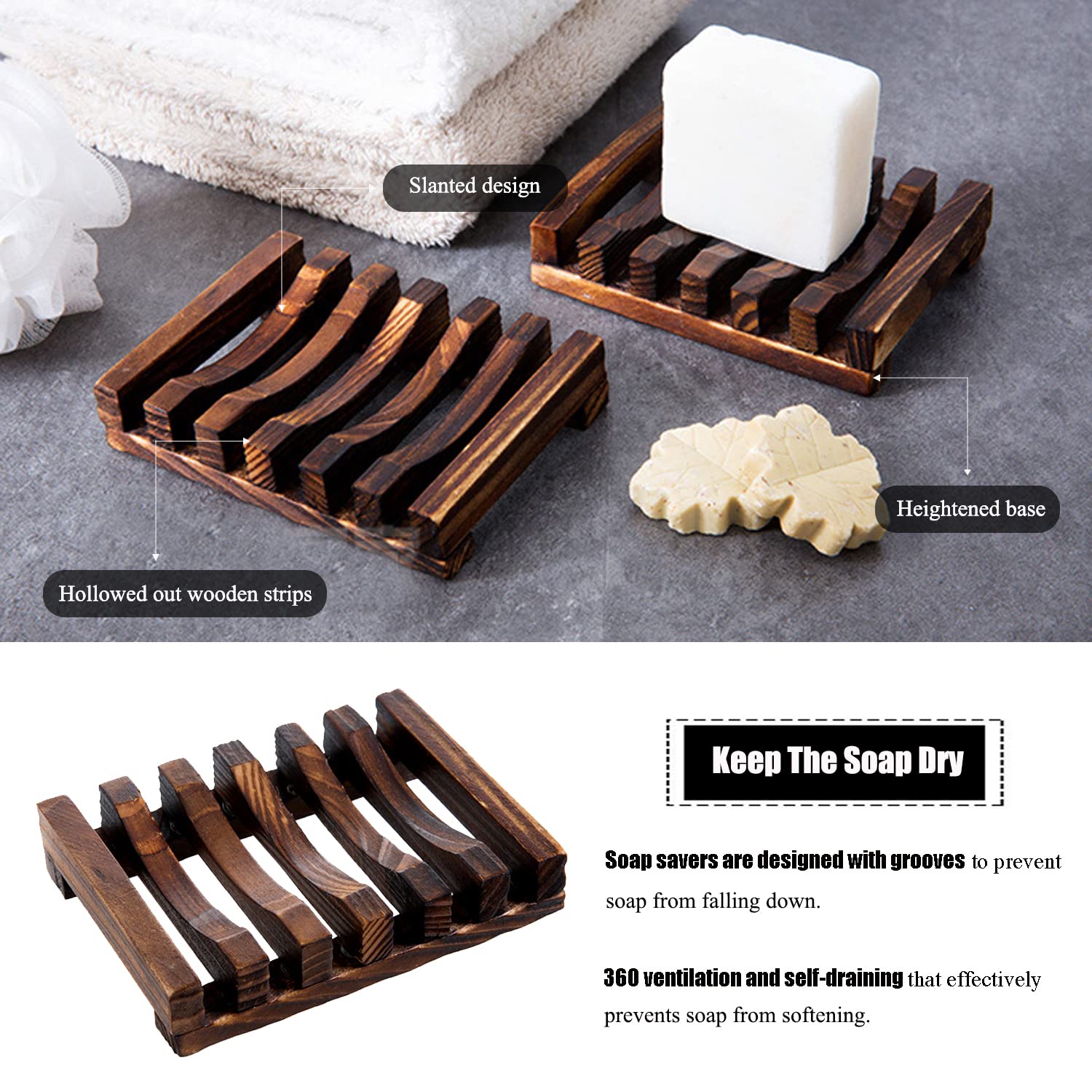 Self Draining Soap Dish Holder/ Tray, 3 Pcs Natural Wooden Soap Saver, Soap Case for Shower, Bathroom, Extend Soap Life, Keep Soap Bars Dry Clean & Easy Cleaning(Charcoal)
