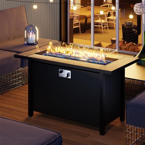 Shintenchi 45 Inch Propane Fire Pit Table with Glass Window Protector, Outdoor 50,000 BTU Steel Gas Fire Pit with Lid, Glass Crystal Stone, Waterproof Cover and Rattan Pattern for Patio, Yard, Party