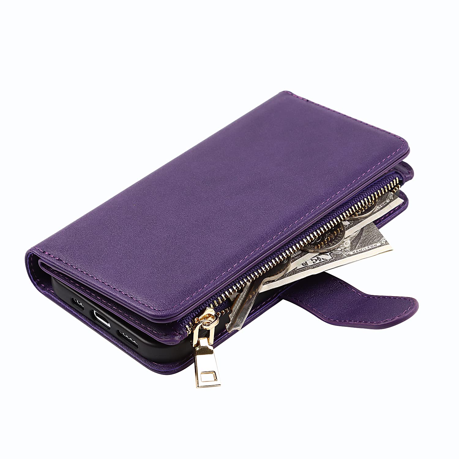 SailorTech Wallet Phone Case Design for iPhone 14 Pro 9 Card Holder 1 Zipper Coin Wallet 2 Cash Slot Kickstand Lanyard Flip Leather Cover Purple