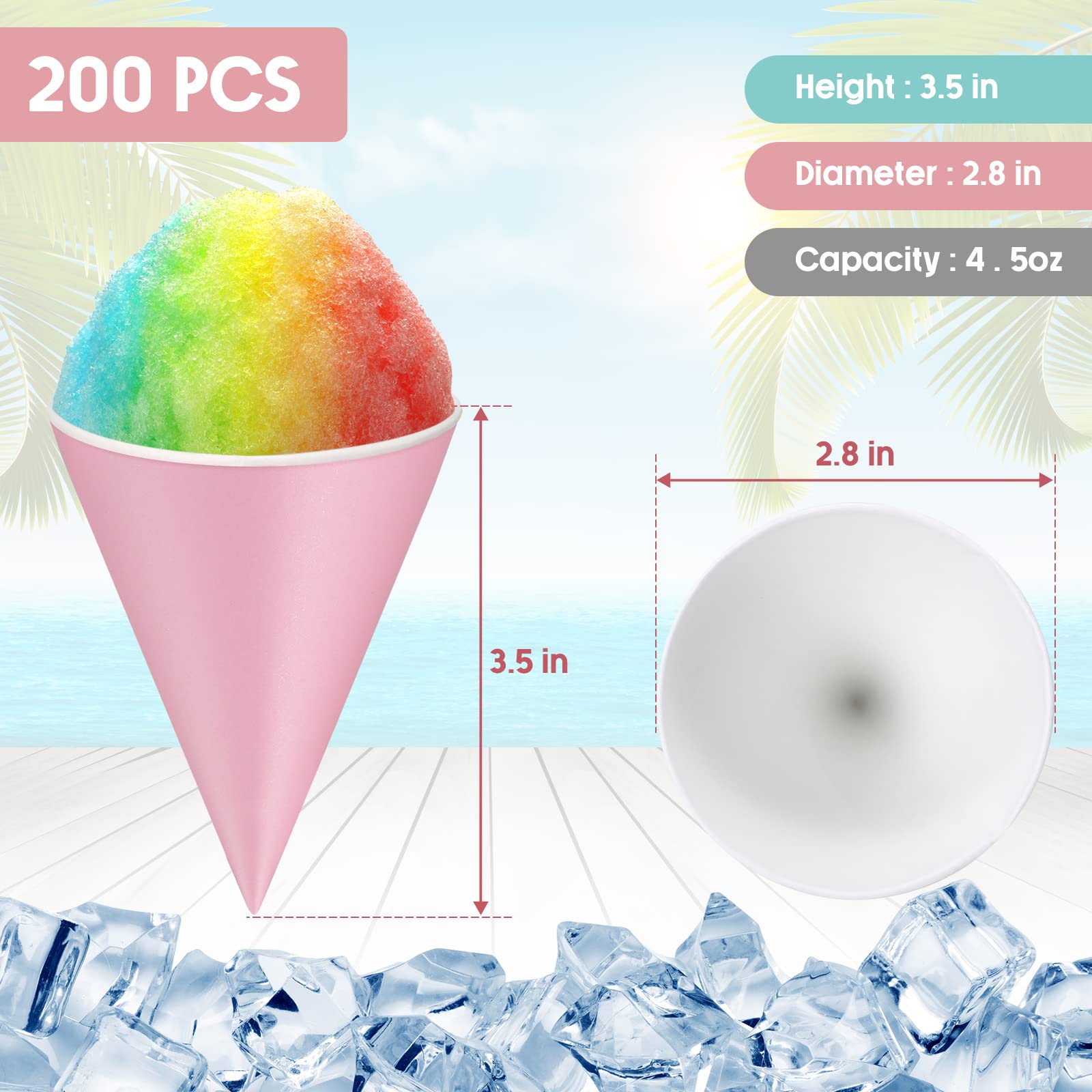 Zubebe 200 Pack Snow Cone Cups 4.5 Oz Cone Paper Cups Bulk Small Water Dispenser Cups Wax Coated Leakproof Cups for Office Water Coolers Shaved Ice, Slush Ice Cream (Pink)