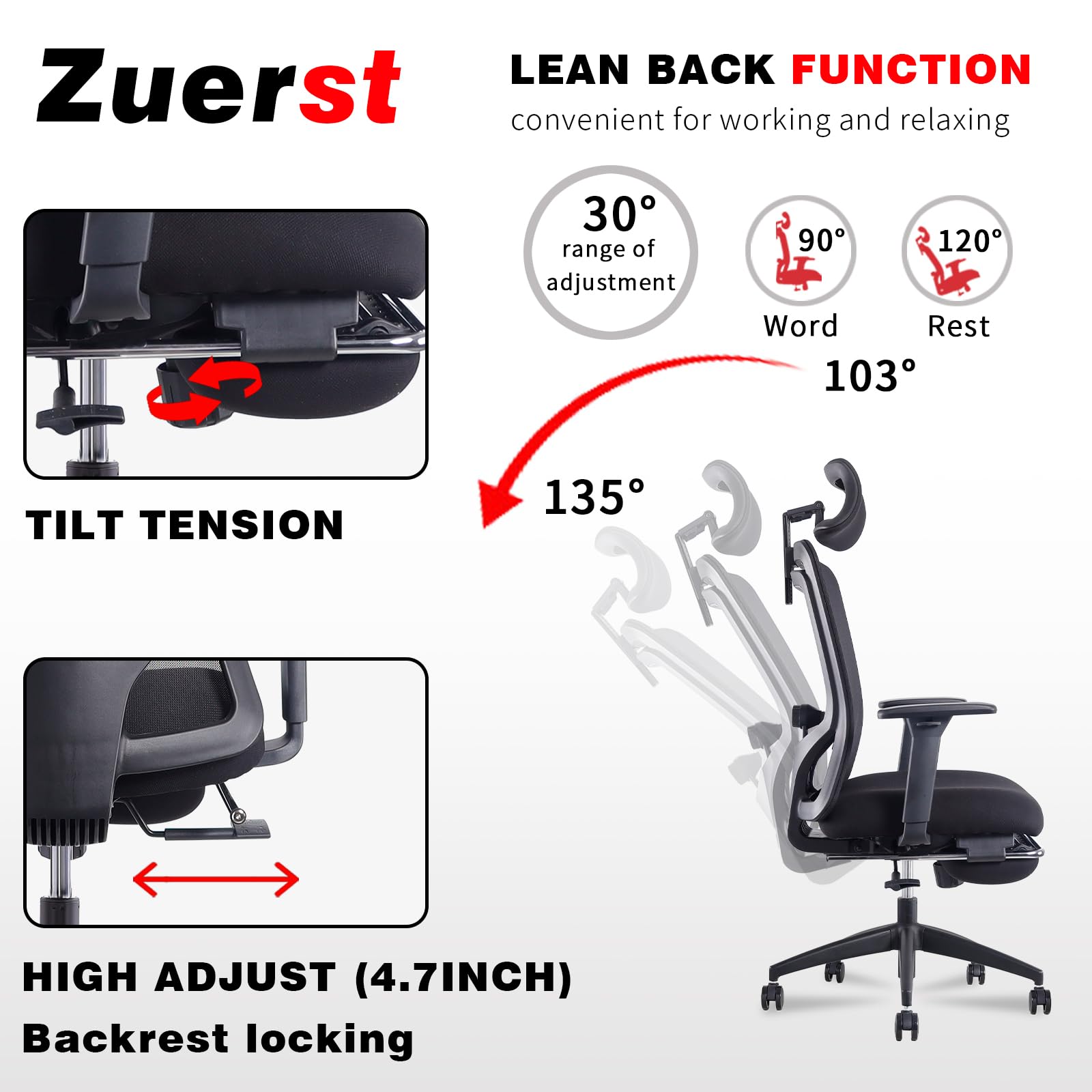 ZUERST Ergonomic Office Chair with Footrest Support- High Back Desk Chair with Adjustable 4D Lumbar Support, 5D Adiustable Headrest and Armrest, High Resilience Cushion-135°Rocking Mesh Computer Chair