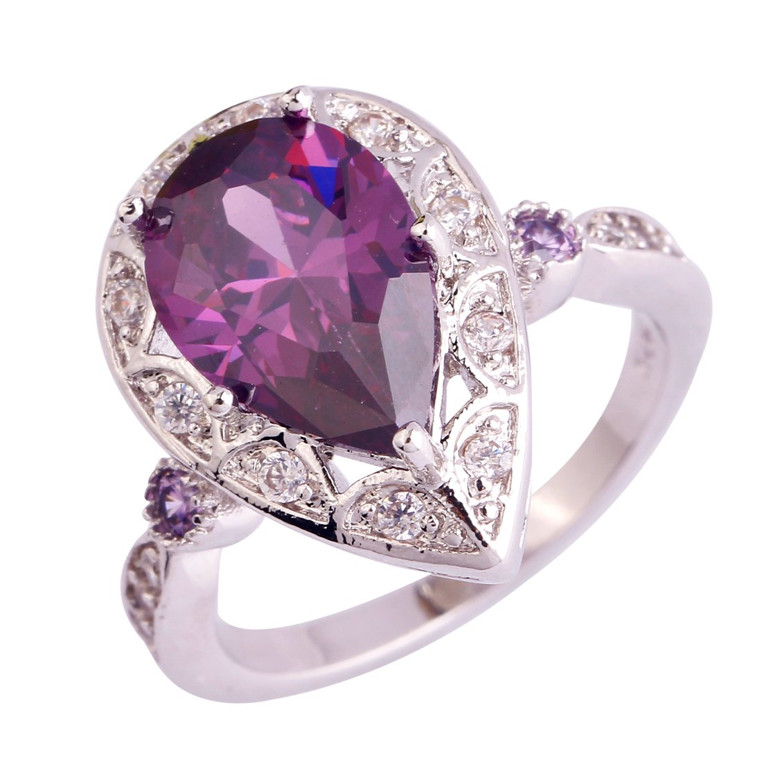 Veunora 925 Sterling Silver Created Pear Cut Amethyst Filled Gorgeous Promise Ring for Women Size 8