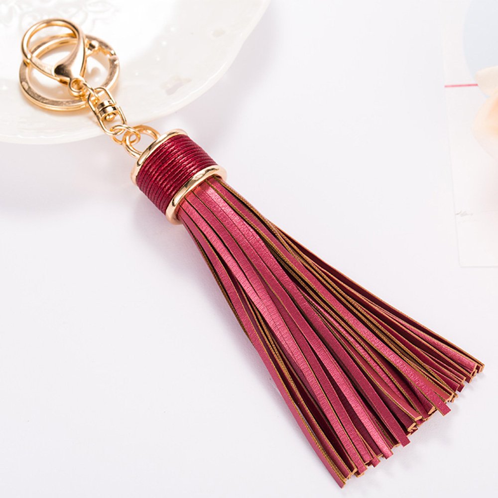 ZOONAI Women Leather Tassels Keychain Car Circle Key Rings Gift Bag Hanging Buckle (Black)