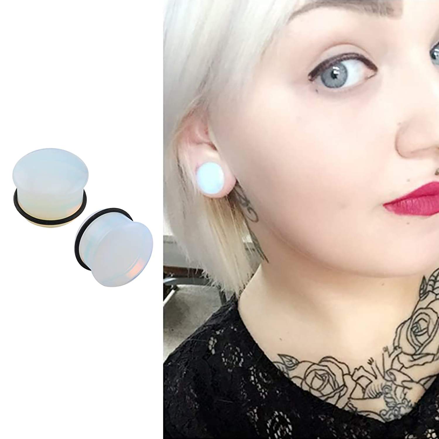 ZS 6 Pairs Mixed Stone Single Flare Ear Plugs Gauges Tunnels Expander with Silicone O-Ring (Gauge=4g(5mm))