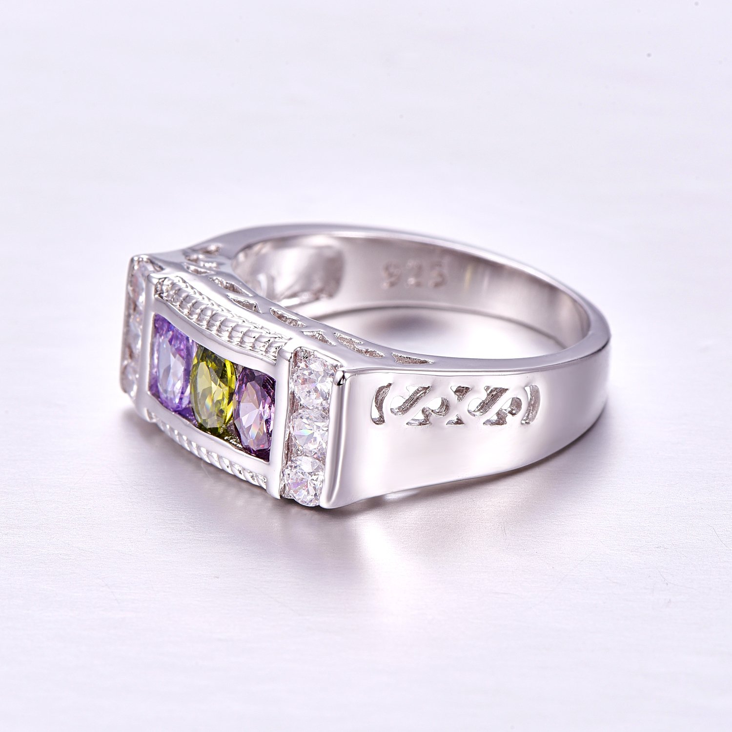 Veunora Silver Plated Created Peridot Amethyst 3x5mm 3-Stone Cubic Zirconia Filled Promise Ring Band for Women Size 8