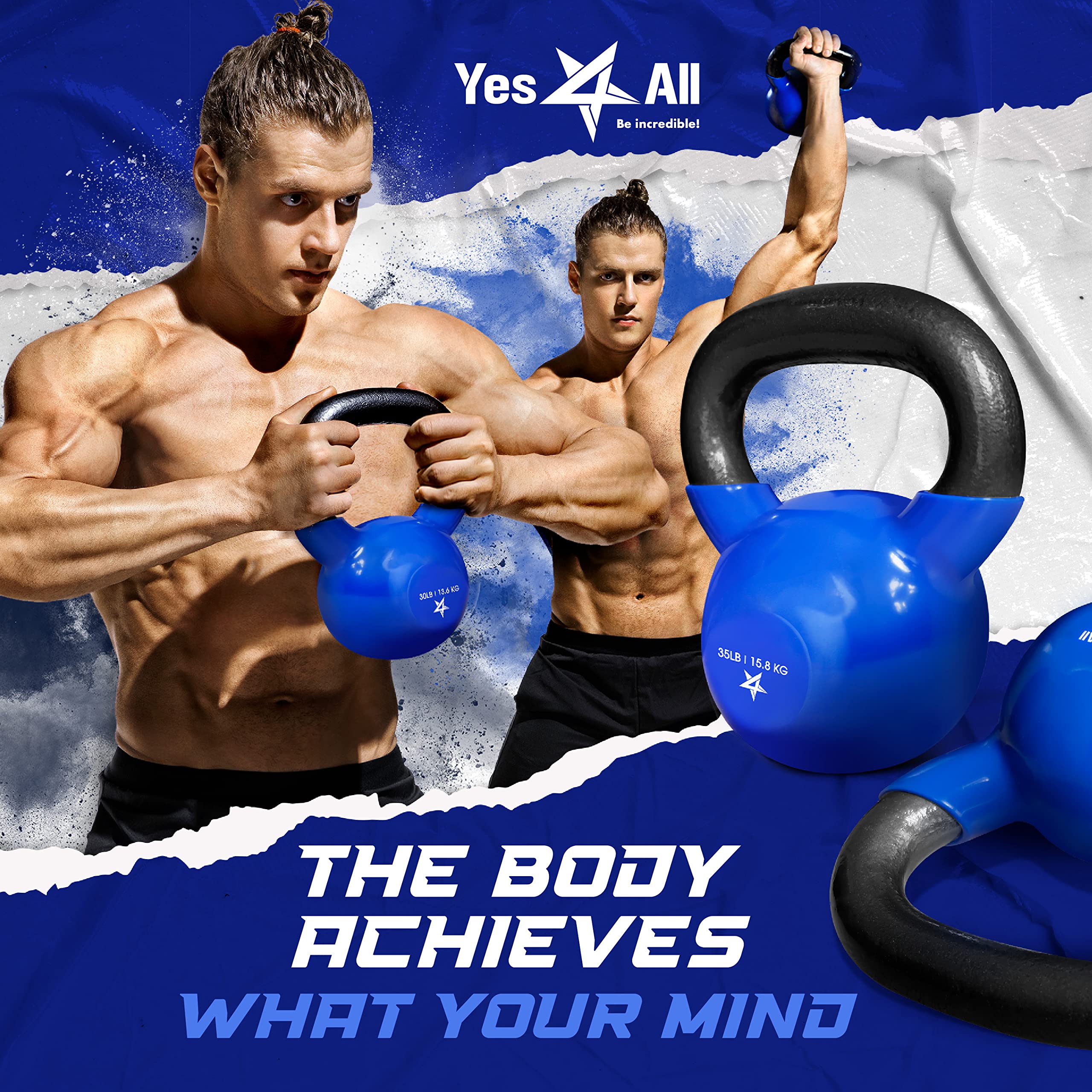 Yes4All 50 lb Kettlebell Weight Vinyl Coated Cast Iron for Dumbbell Weights Exercises, Gym, Fitness, Full Body Workout Equipment Push up, Grip and Strength Training, Blue