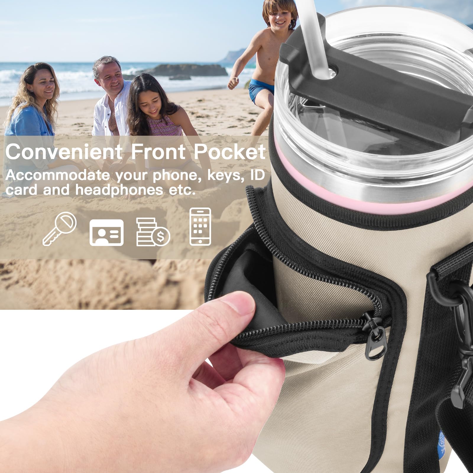 Xxerciz Water Bottle Carrier with Phone Pocket for Simple Modern Stanley 40 oz Tumbler with Handle, Neoprene Water Bottle Holder with Strap, Stanley Cup Accessories for Walking Travelling Camping