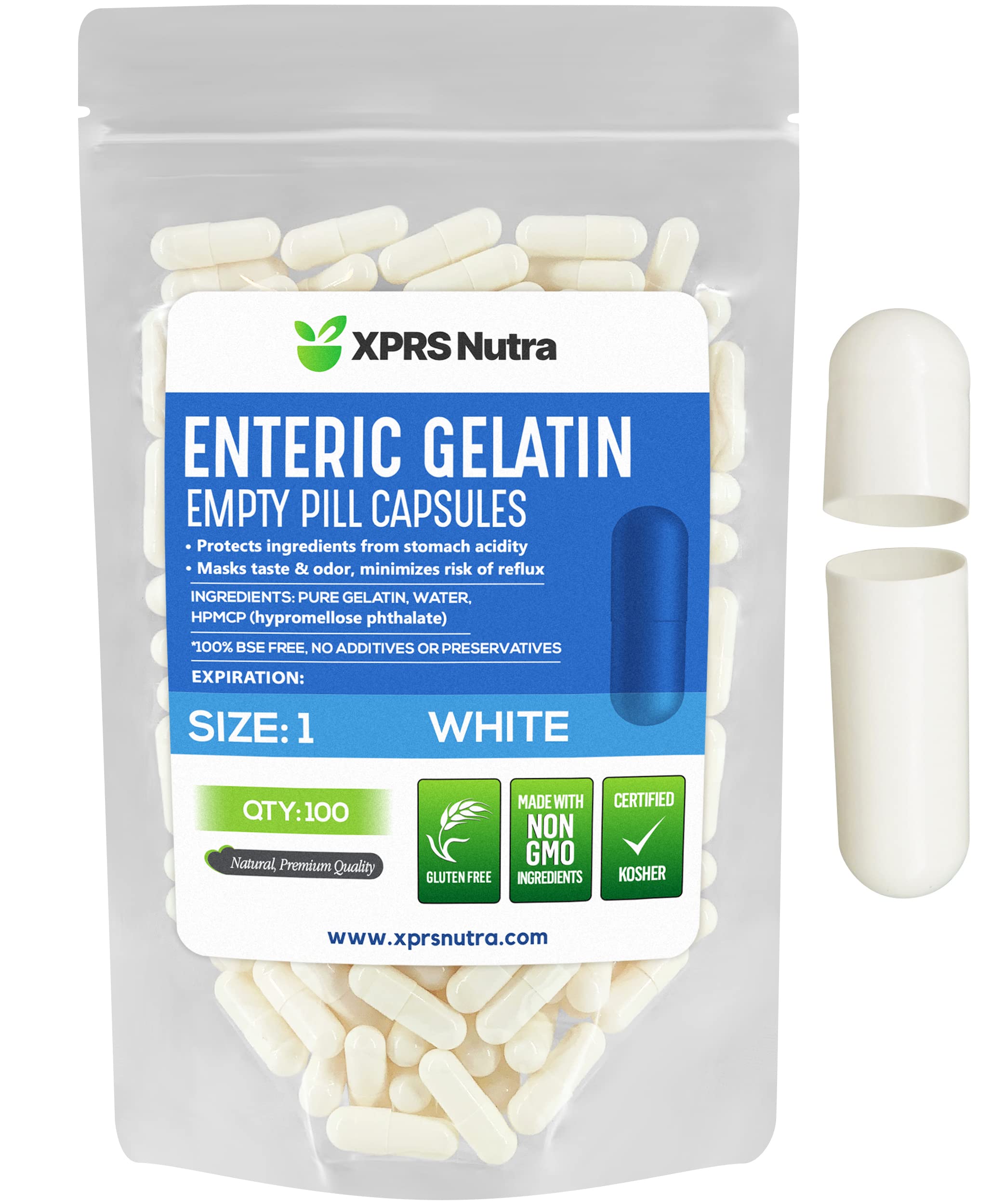 XPRS Nutra Size 1 Empty Capsules - 100 Count White Enteric Coated Empty Gelatin Capsules - Delayed Release Pill Capsules - DIY Capsule Filling - Pure Bovine Empty Enteric Capsules Gel Caps