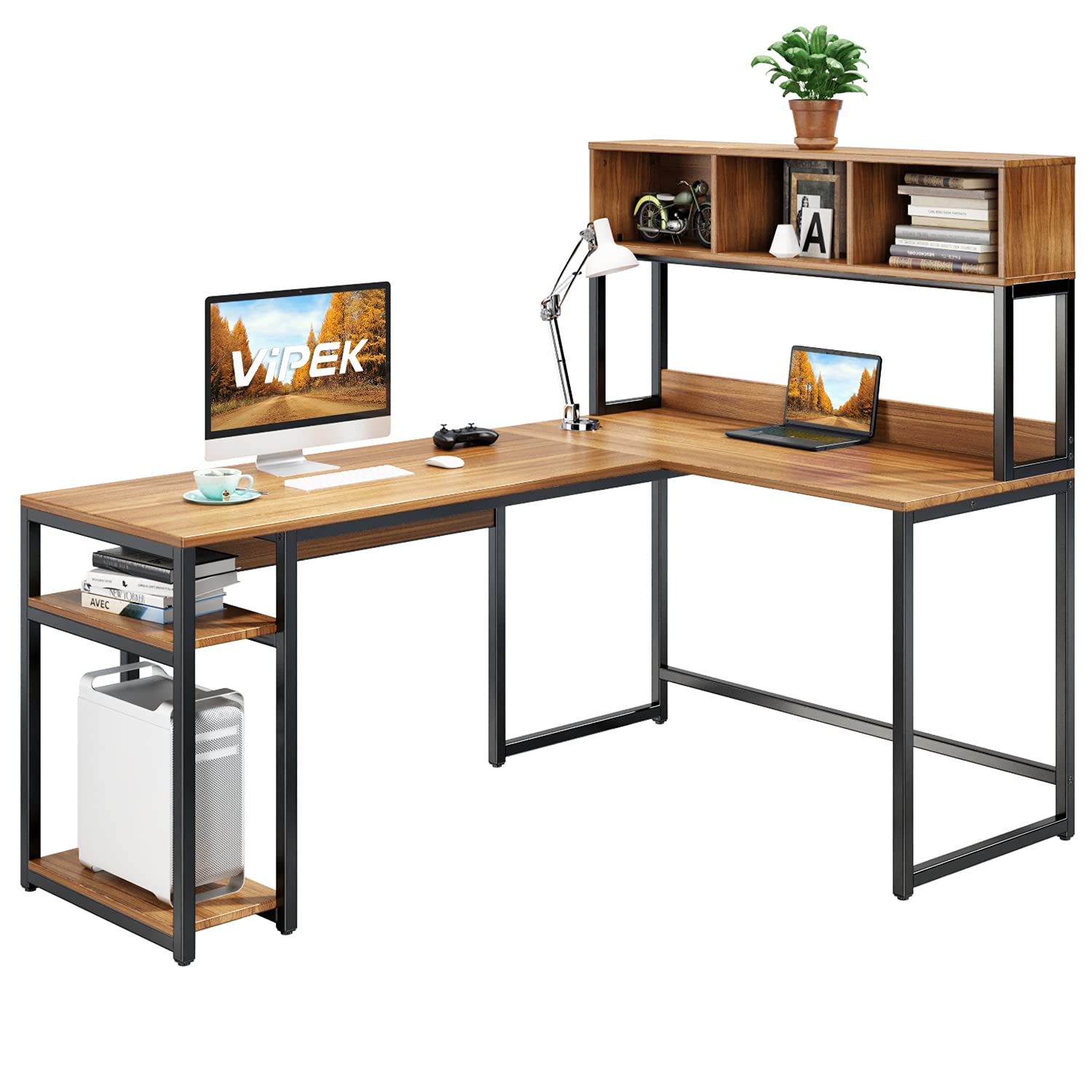 VIPEK L-Shaped Desk with Hutch, 69" Large Computer Desk Gaming Table PC Table Workstation Study Writing Table with Storage Bookshelf, Space Saving Corner Desk for Home Office, Suntalam Walnut