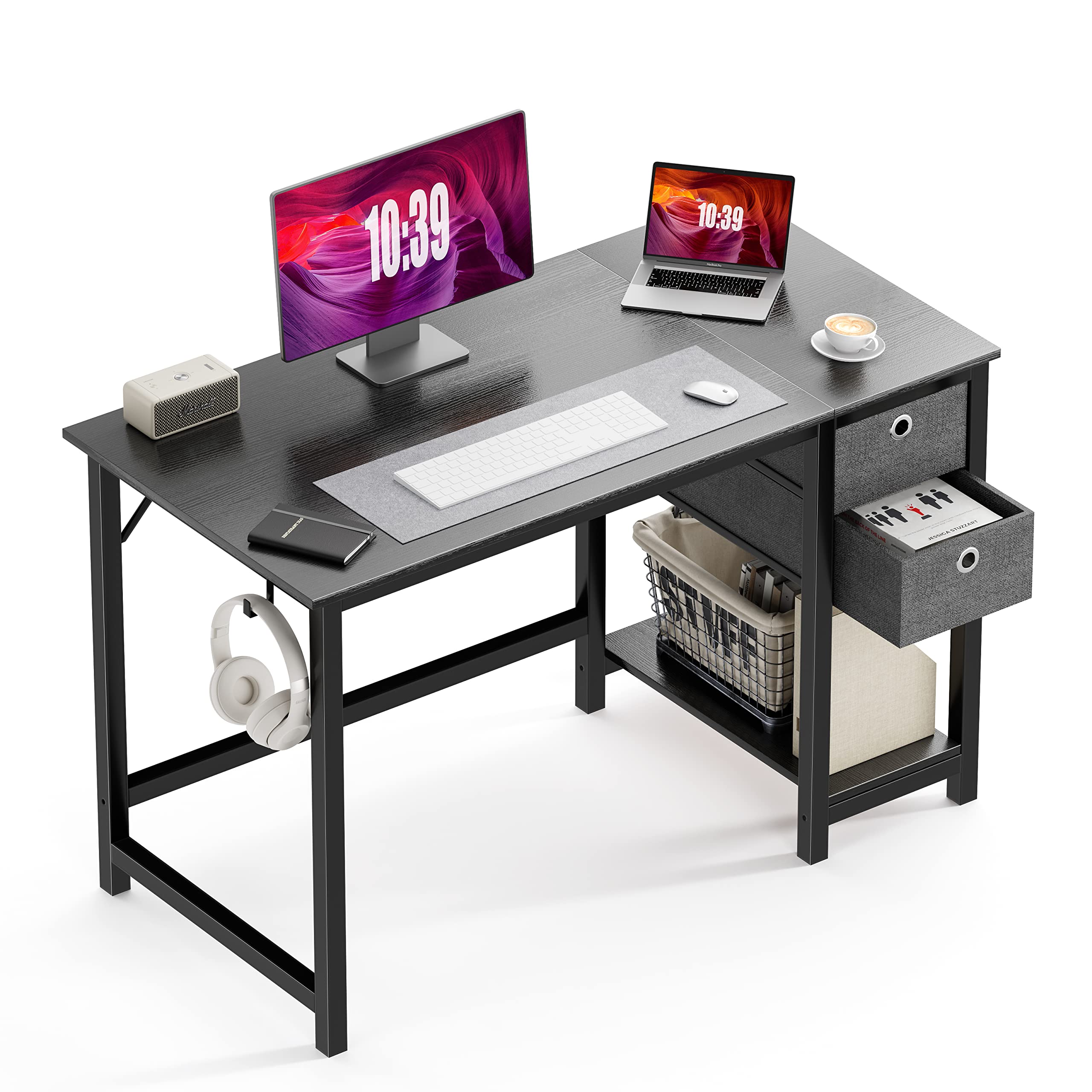 Sweetcrispy Desk with Drawer, 47", 2 Tier Drawers, Headphone Hook - Gaming & Mesh Office Chair, Lumbar Support, Armless - Black
