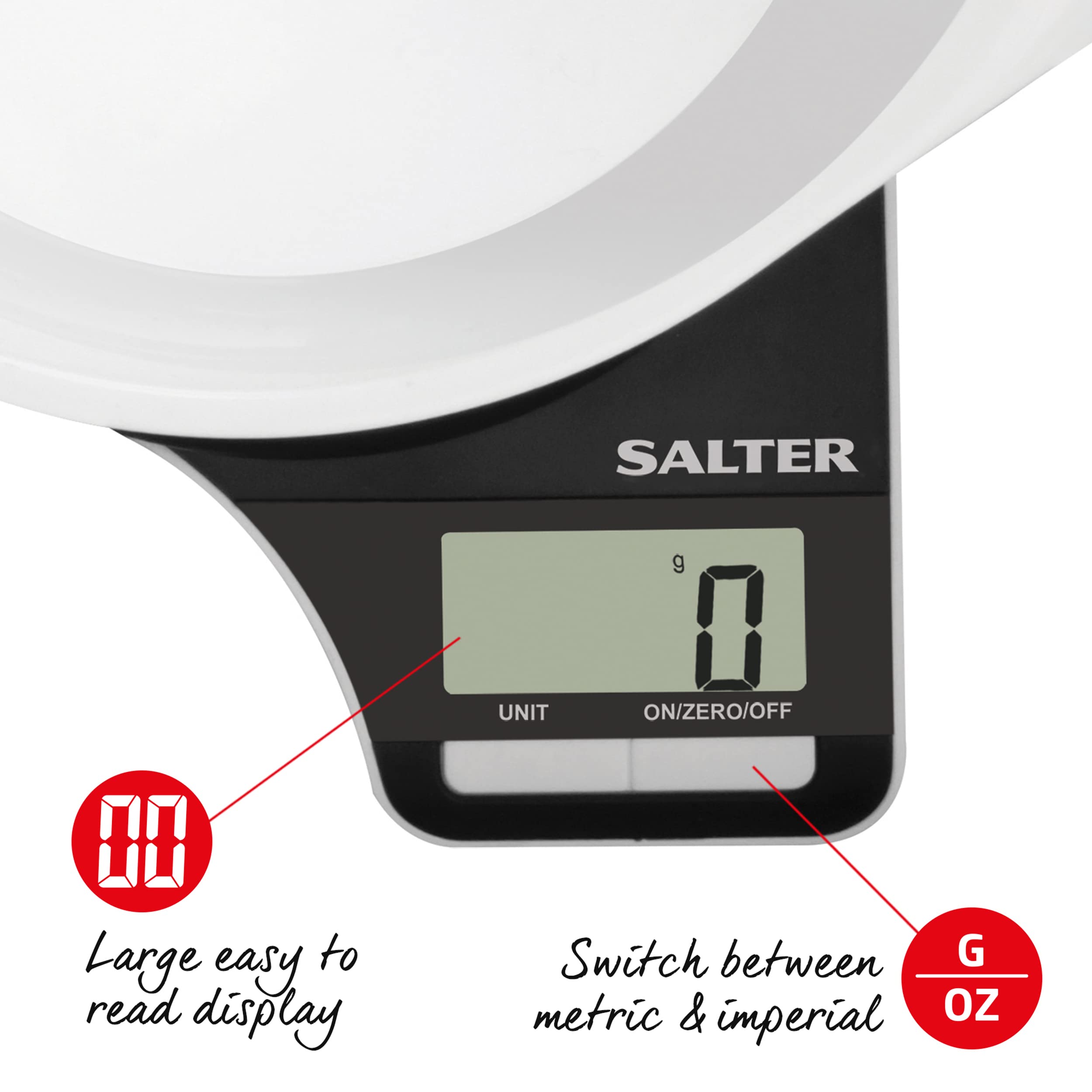 Salter 1089 BKWHDR Measuring Jug Electronic Kitchen Scale, Food/Baking Scale, Dishwasher Safe 1.25L Bowl, Easy Pour, Add & Weigh, Measures Liquids/Fluids, 5 Kg Capacity, Metric/Imperial, White/Black