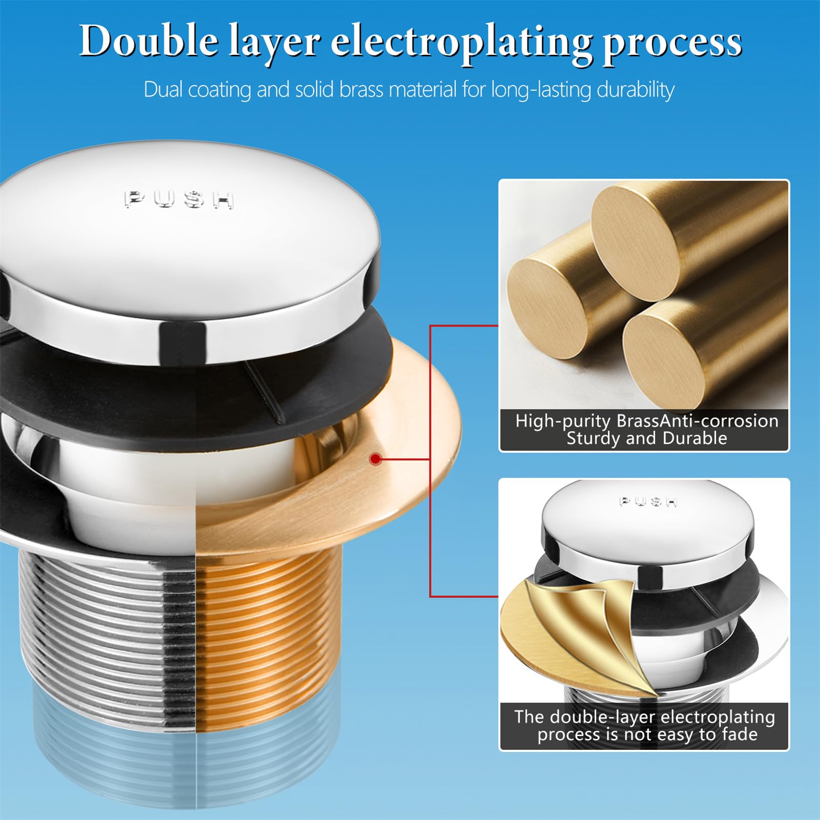 Tip Toe Bathtub Drain Conversion Kit Assembly, Tub Drain Plug Trim Set Bath Tub Drain Stopper with Two-Hole Overflow Faceplate (Chrome Plated)