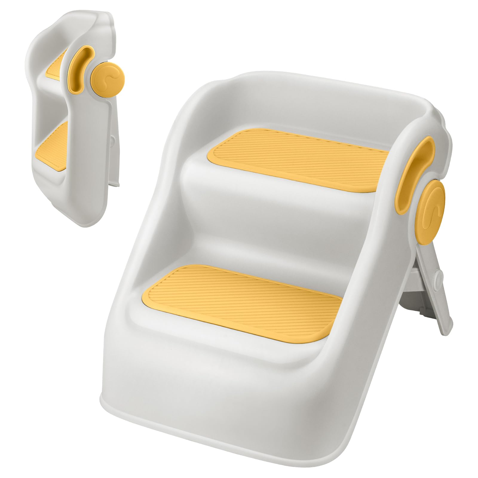 Step Stool for Kids, Foldable Anti-Slip 2-Step Stool for Toilet Potty Training, Sturdy Child Step Stool with Handles to Reach Kitchen Counter, Bathroom Sink, and Toddler Bed, White and Orange