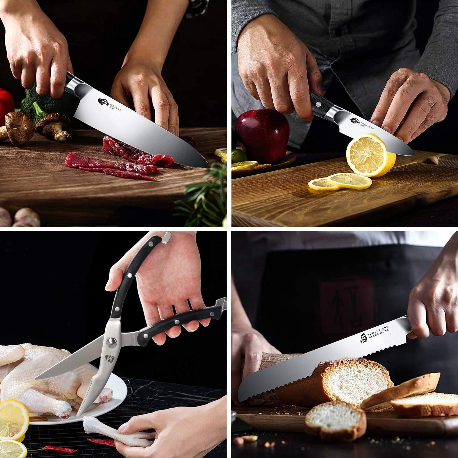 TUO Kitchen Knife Set - 12 Pcs Knife Set with Wooden Block - Premium Forged German Stainless Steel, Ergonomic Pakkawood Handle - BLACK HAWK SERIES with Gift Box