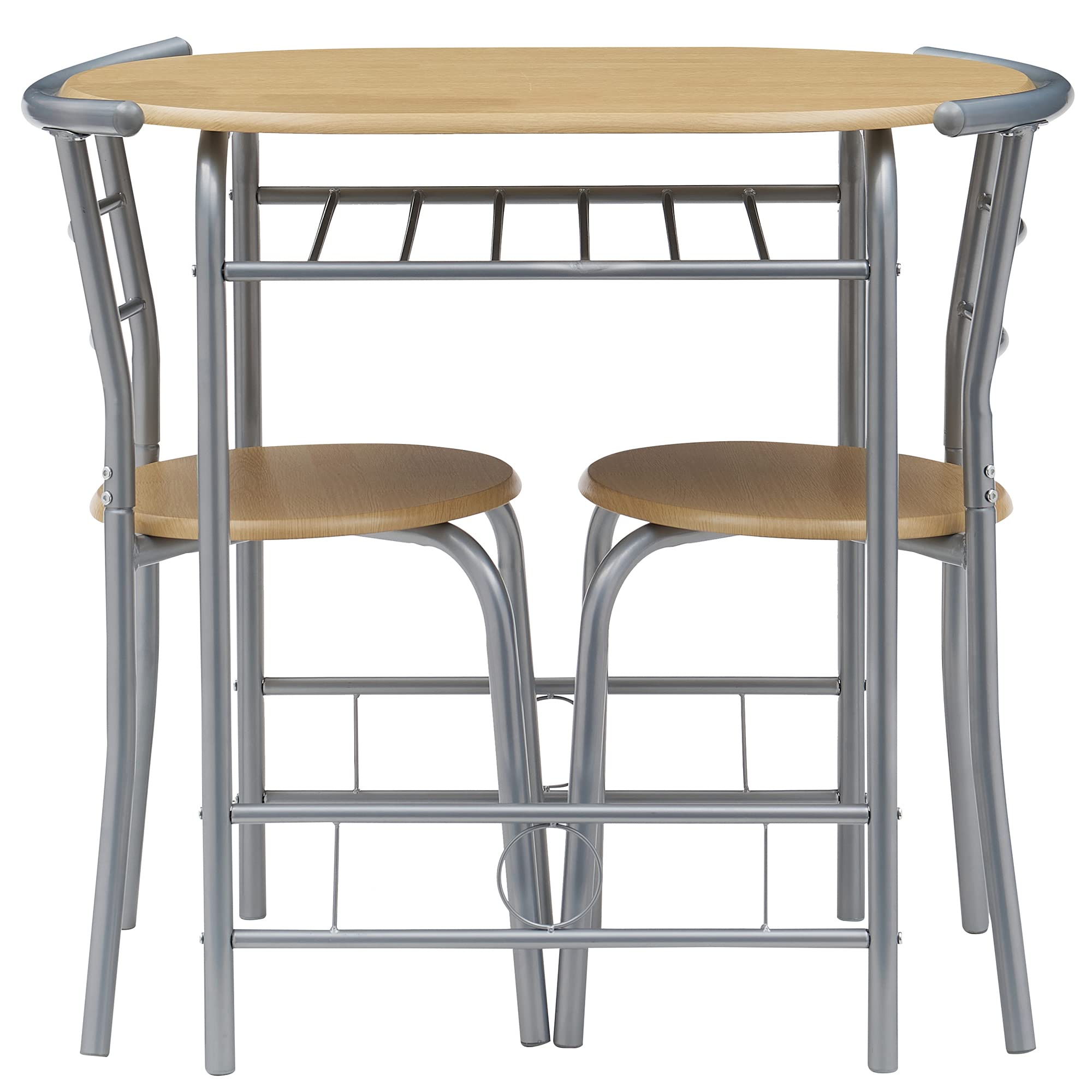 VECELO 3 Piece Wood Round Table & Chair Set for Dining Room Kitchen Bar Breakfast, with Wine Storage Rack, Space Saving, 31.5", Natural and Silver