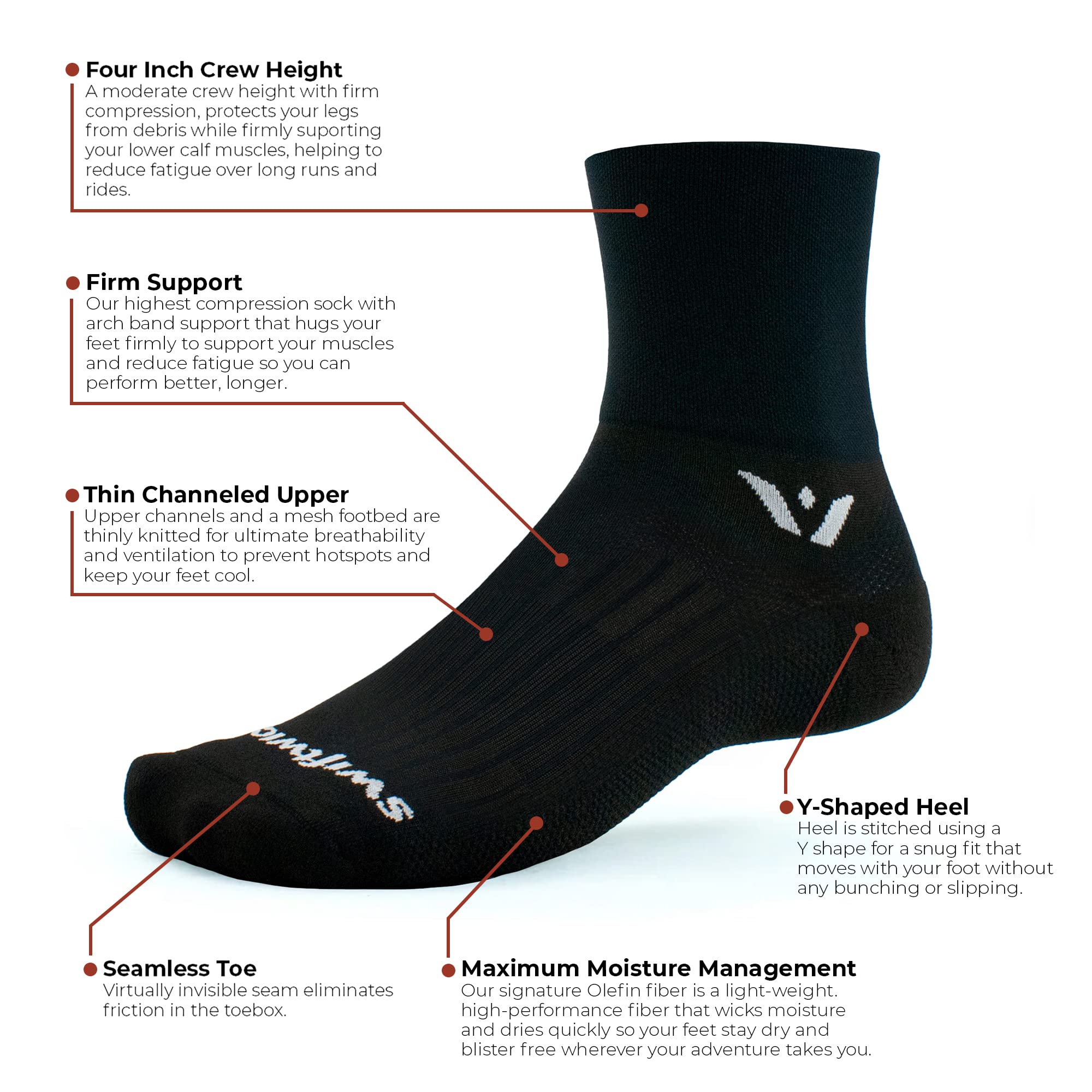 Swiftwick ASPIRE FOUR Trail Running & Cycling Socks, Compression Fit (Black, X-Large)
