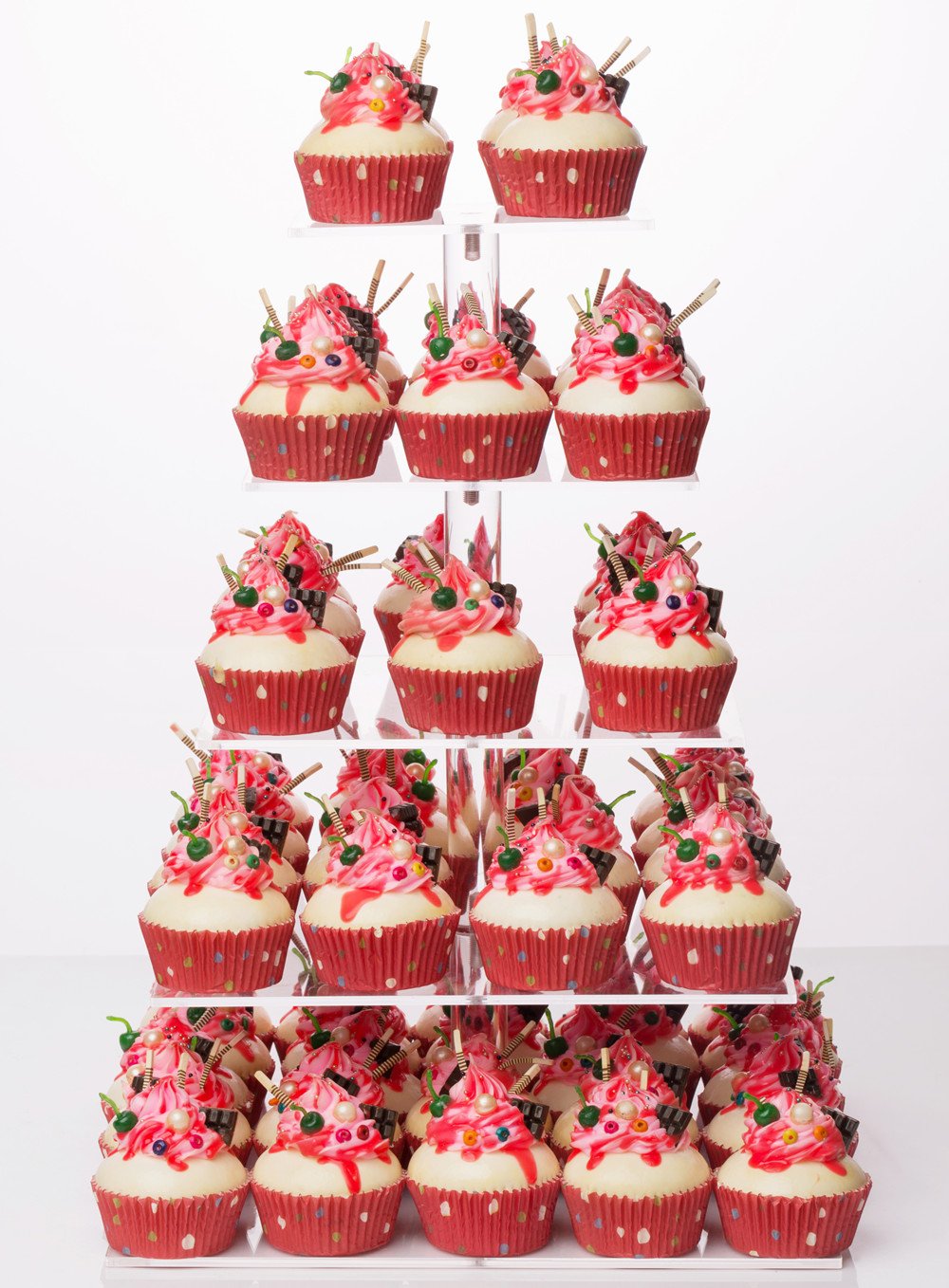 YestBuy 5 Tier Square Acrylic Cupcake Tree Tower Display Stand Display for Pastry Wedding Birthday Party (4" between 2 layers)
