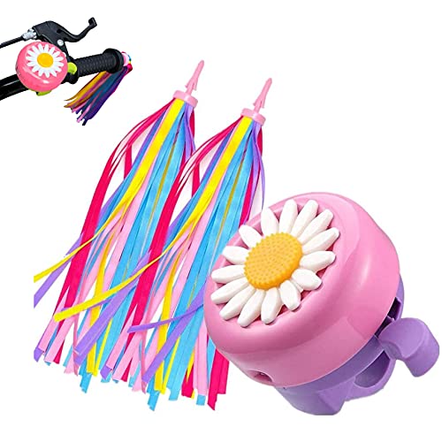 Tezam Bike Bell and Streamers -1 Pack Flower Bicycle Bell with 2 Pack Handlebar Streamers Scooter Tassels for Bike Accessories