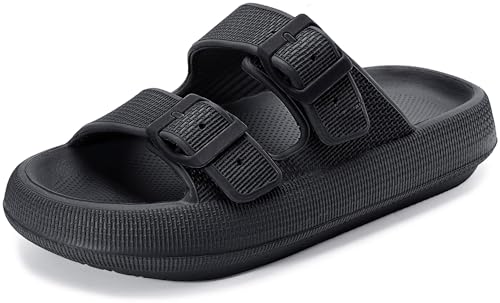 Weweya Slides for Men Women Pillow Slippers Double Buckle Adjustable EVA Flat Sandal Black Women Size 5.5 6 6.5